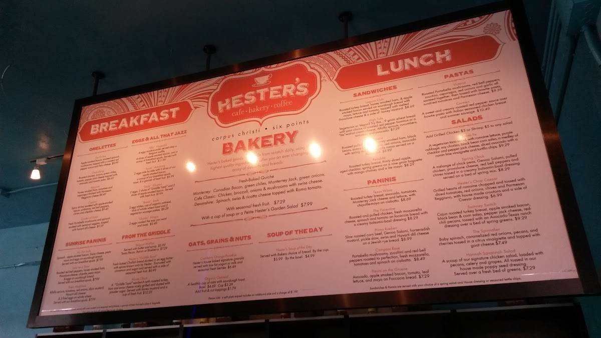 Menu at Hester's Cafe Six Points, Corpus Christi, S Alameda St