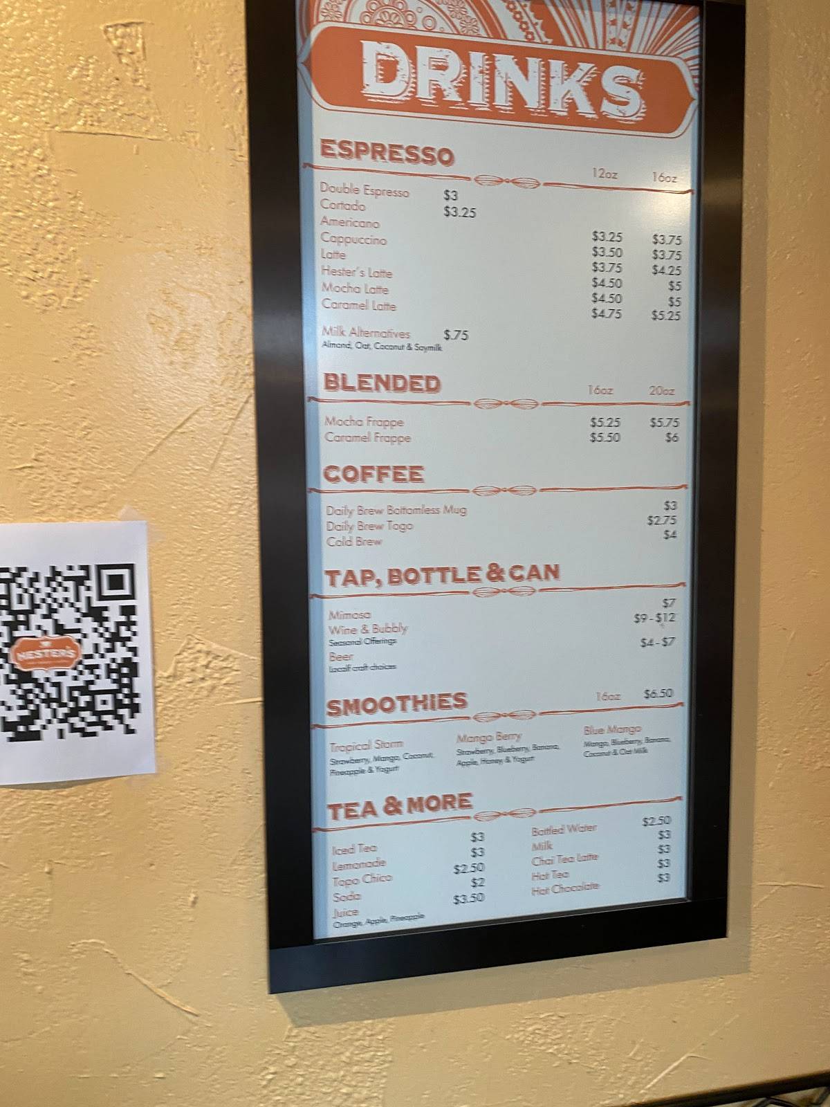 Menu at Hester's Cafe Six Points, Corpus Christi, S Alameda St