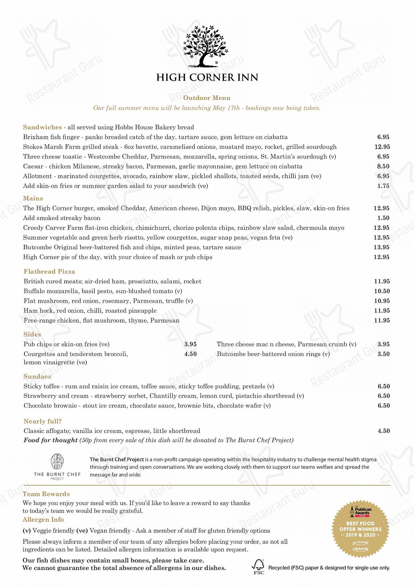 Menu at The High Corner Inn pub & bar, Ringwood, Linwood