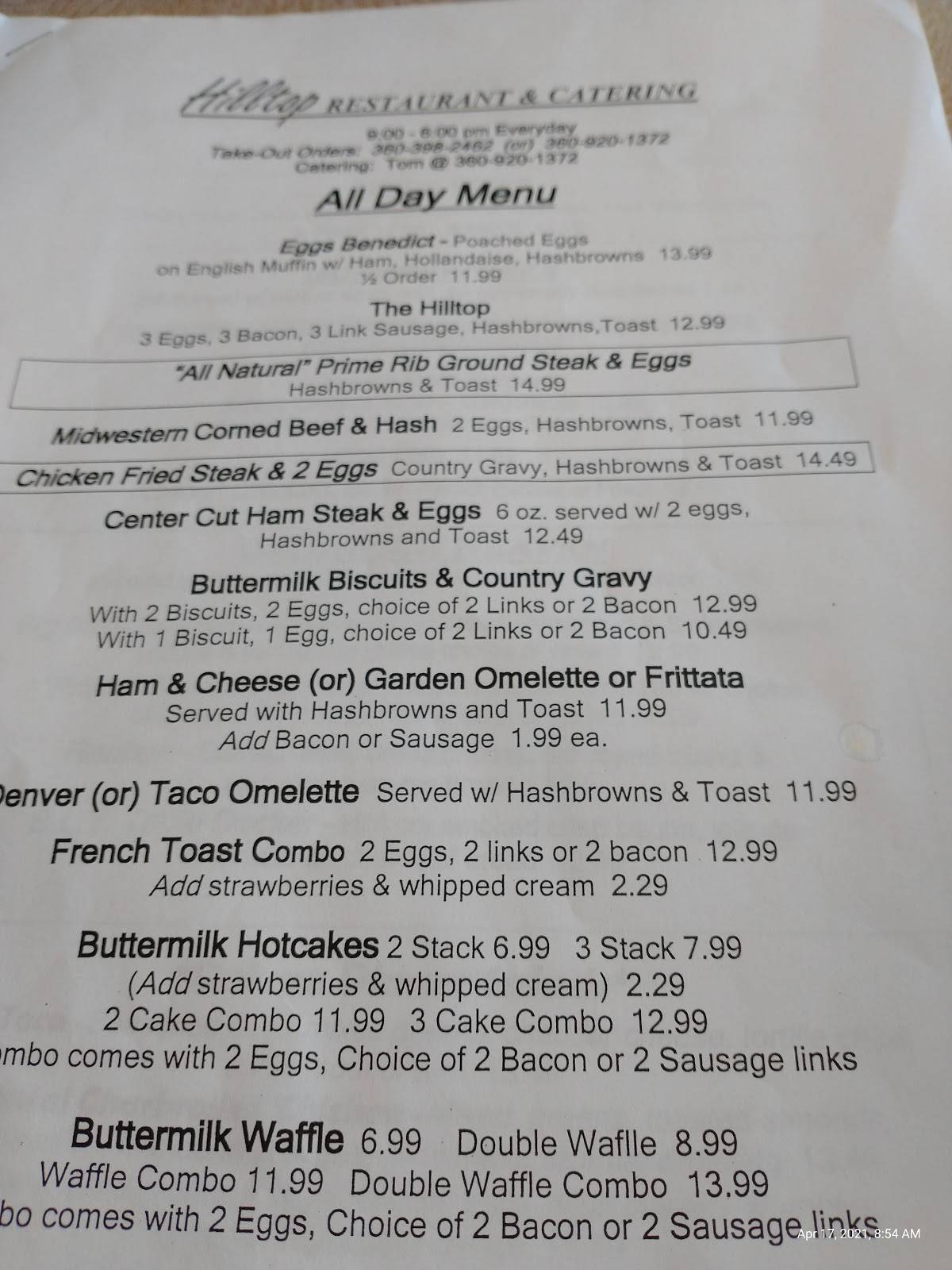 Menu at Hilltop Restaurant & Catering, Bellingham