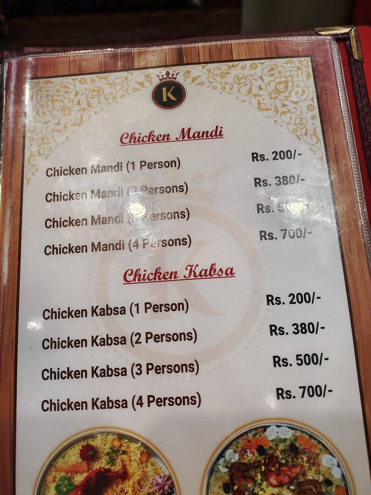 Menu at Hotel King Khaja, Hyderabad