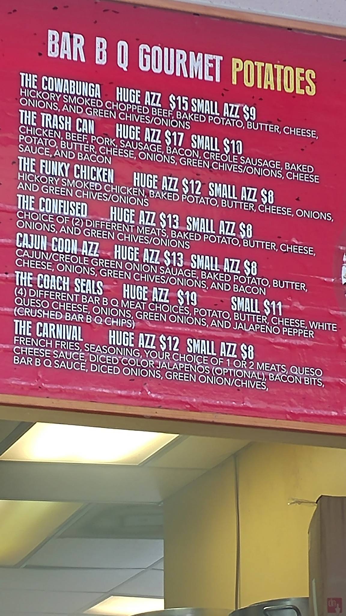Menu at The Stuffed Baked Potato Factory restaurant, Houston, Hiram ...
