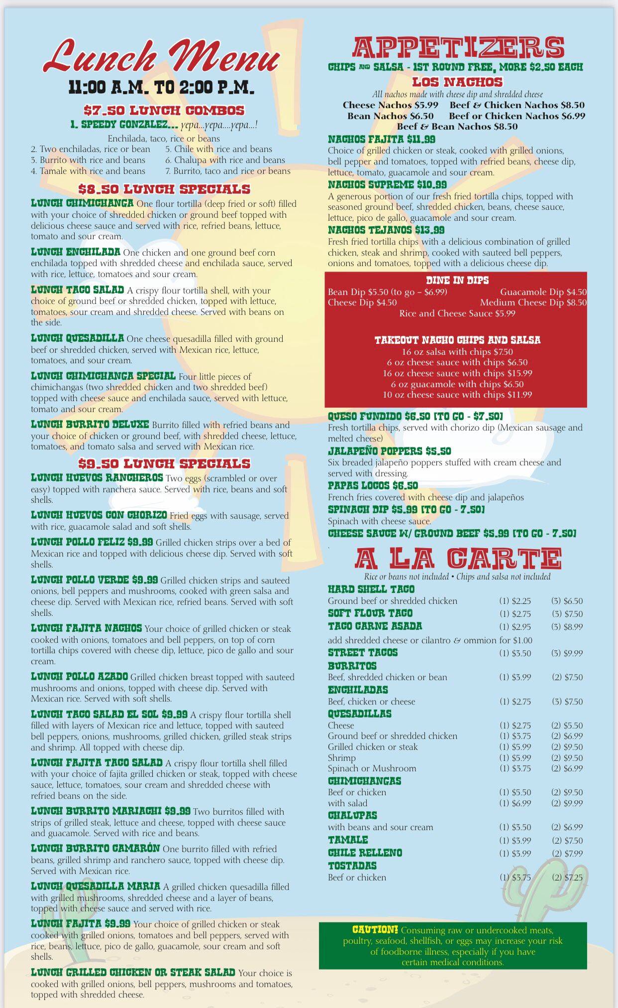 Menu at El Sol De Mexico restaurant, Humboldt