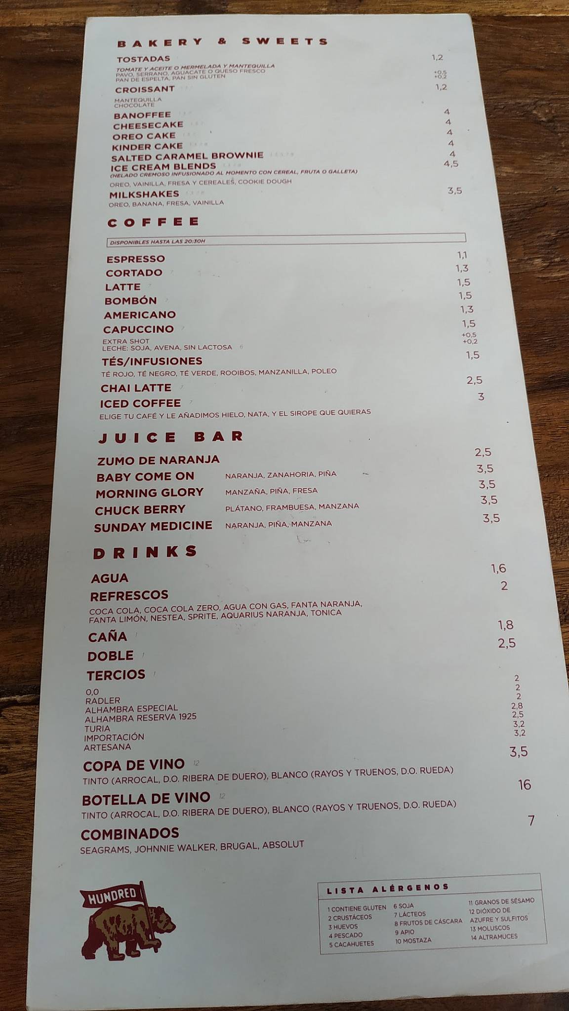 Carta del restaurante Hundred, Valencia, Carrer del Misser Mascó