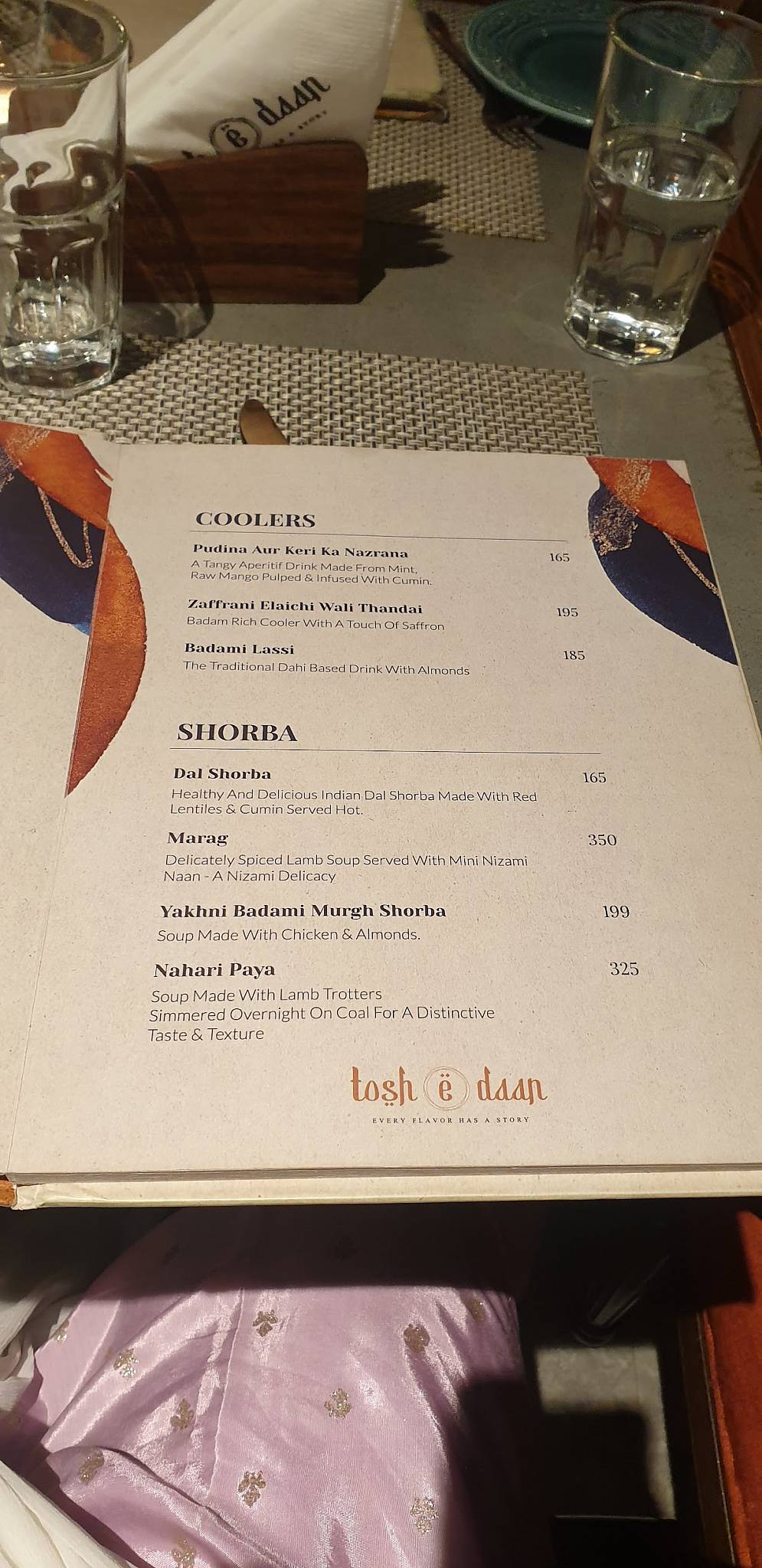 Menu at Tosh-e-daan, Hyderabad