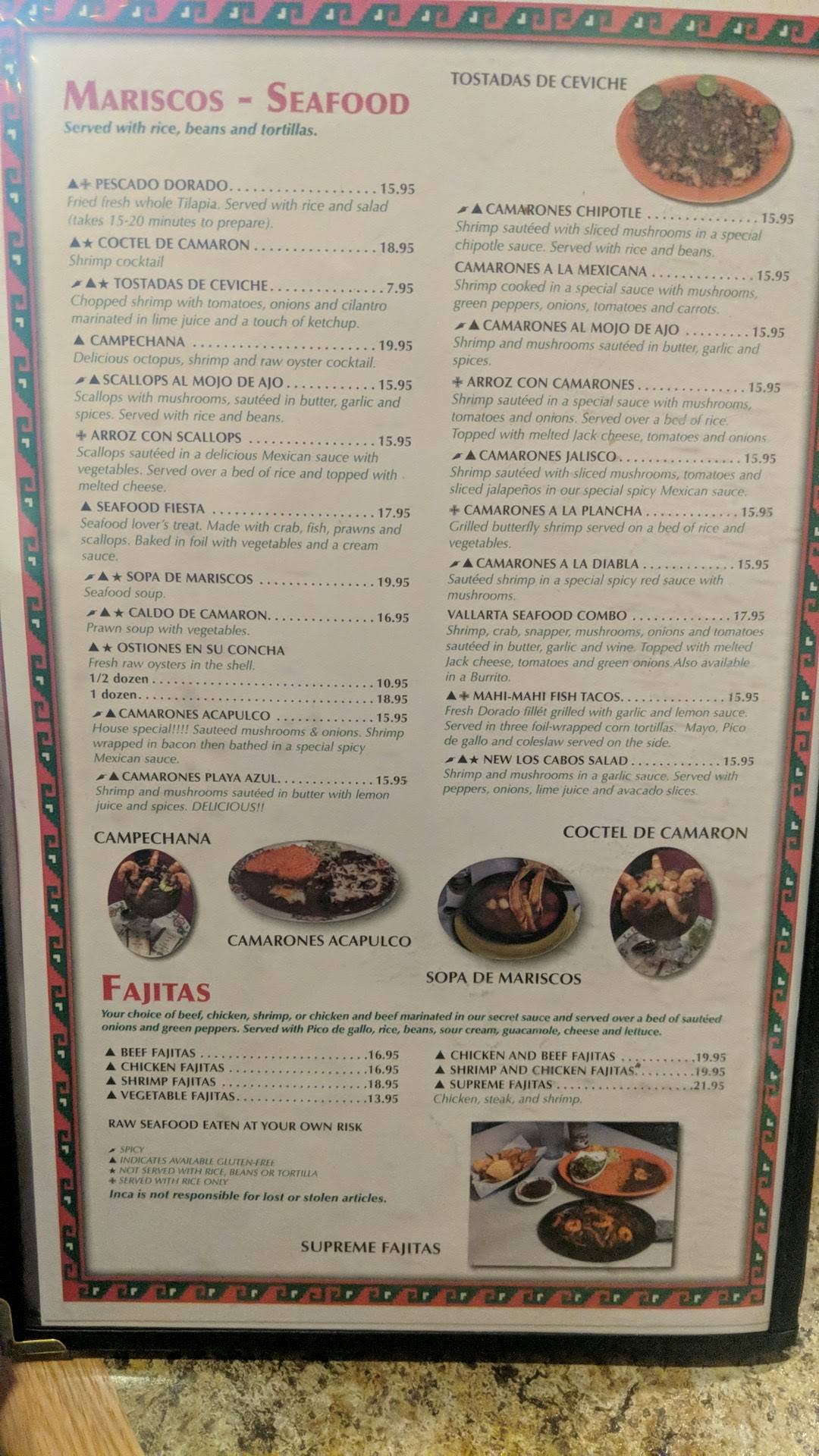 Menu at Inca Mexican Restaurant, Sioux Falls