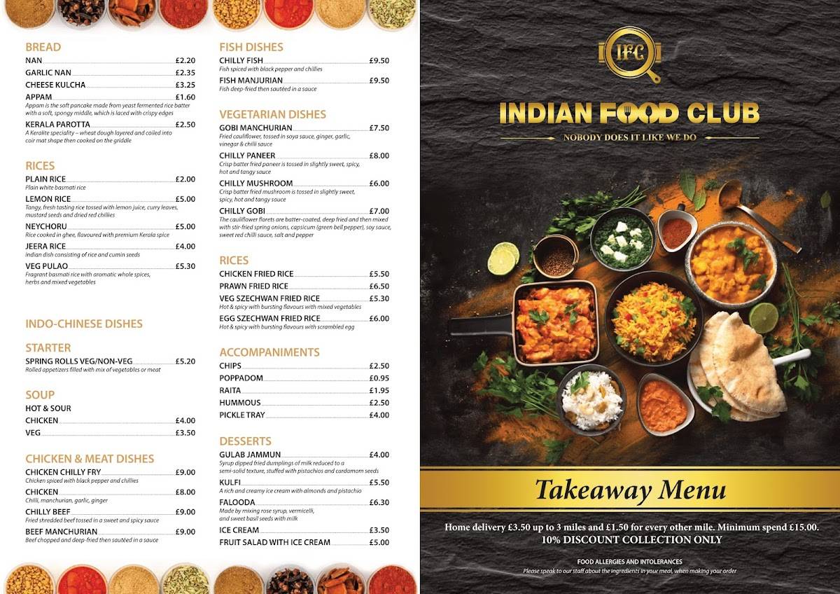 Menu at Indian Food Club (IFC), Great Yarmouth