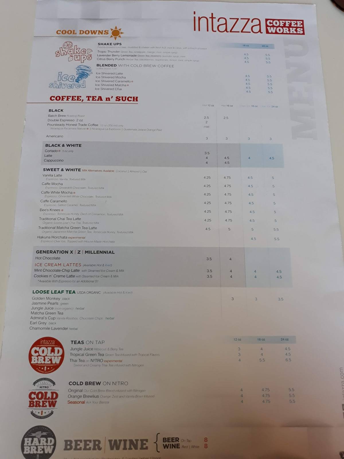 Menu at Intazza Coffee Works cafe, Murrieta, Sky Canyon Dr Bldg B