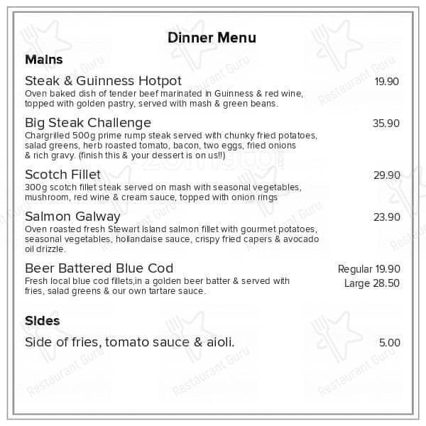 Menu at Waxy's Irish Pub, Invercargill