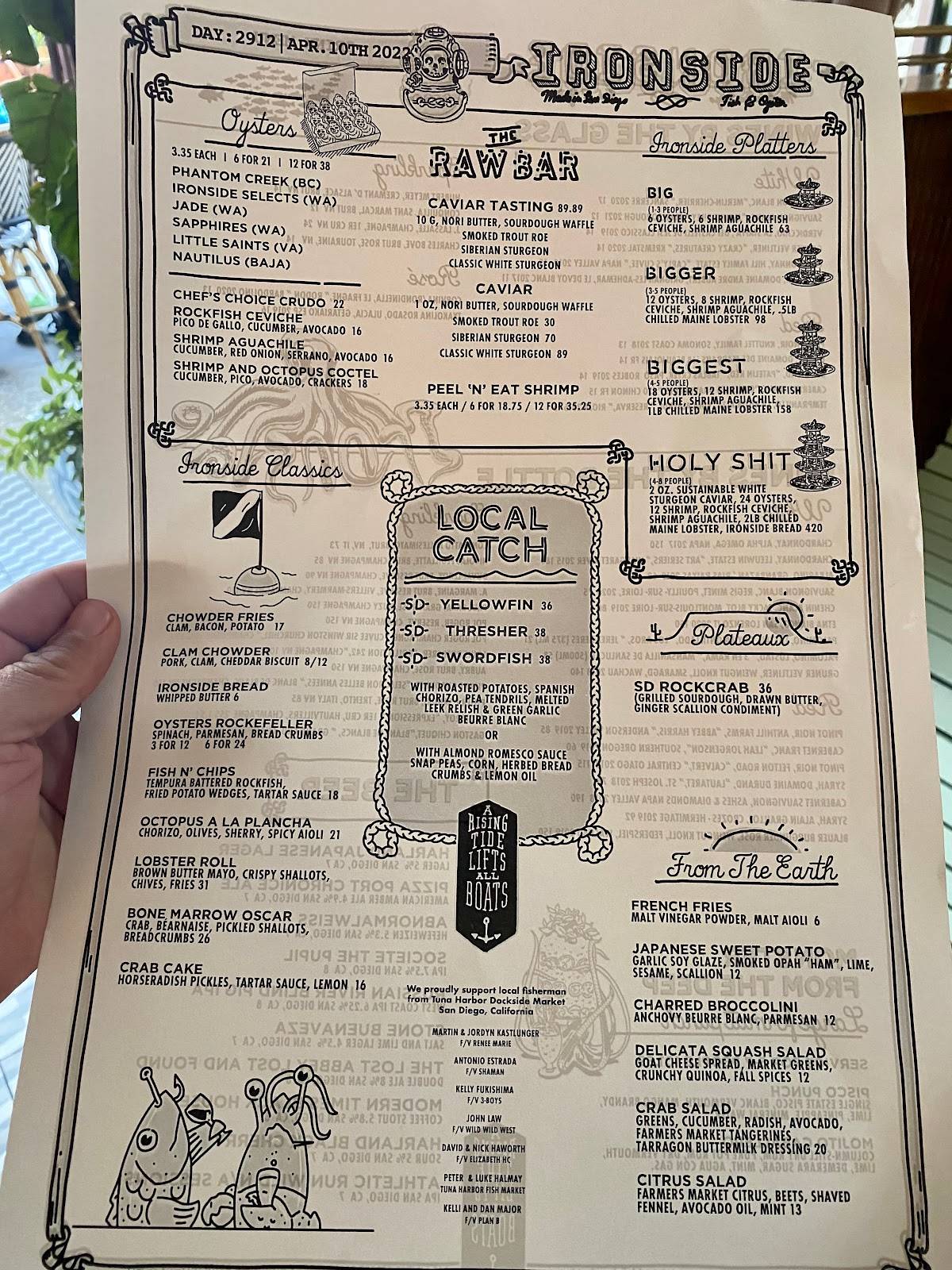Menu at Ironside Fish & Oyster Bar, San Diego, India St