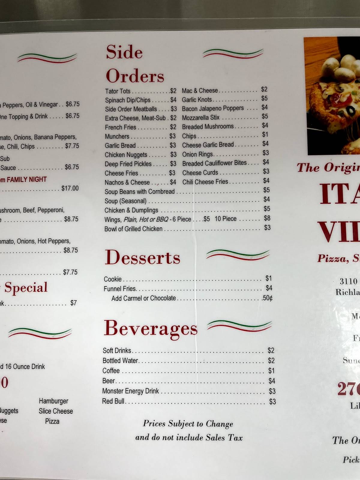 Menu at Italian Village pizzeria, Richlands, Cedar Valley Dr