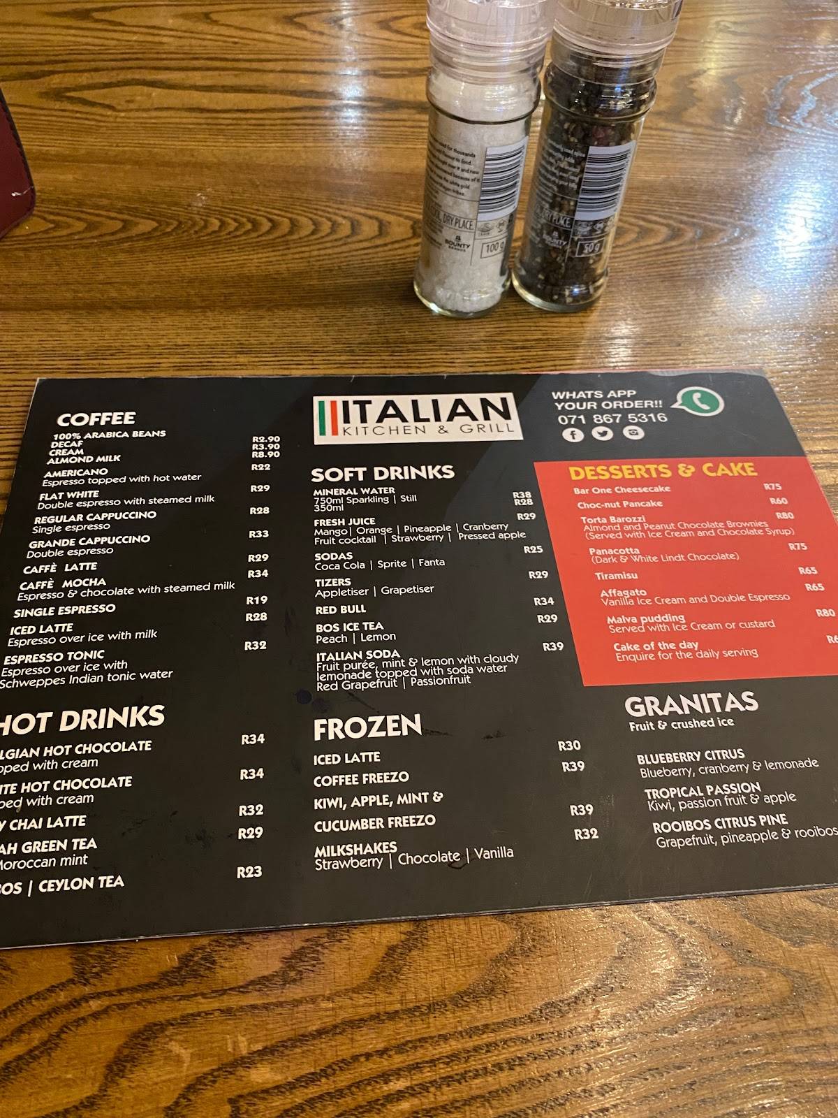 Menu at Italian kitchen & grill at emperors palace restaurant, Kempton Park