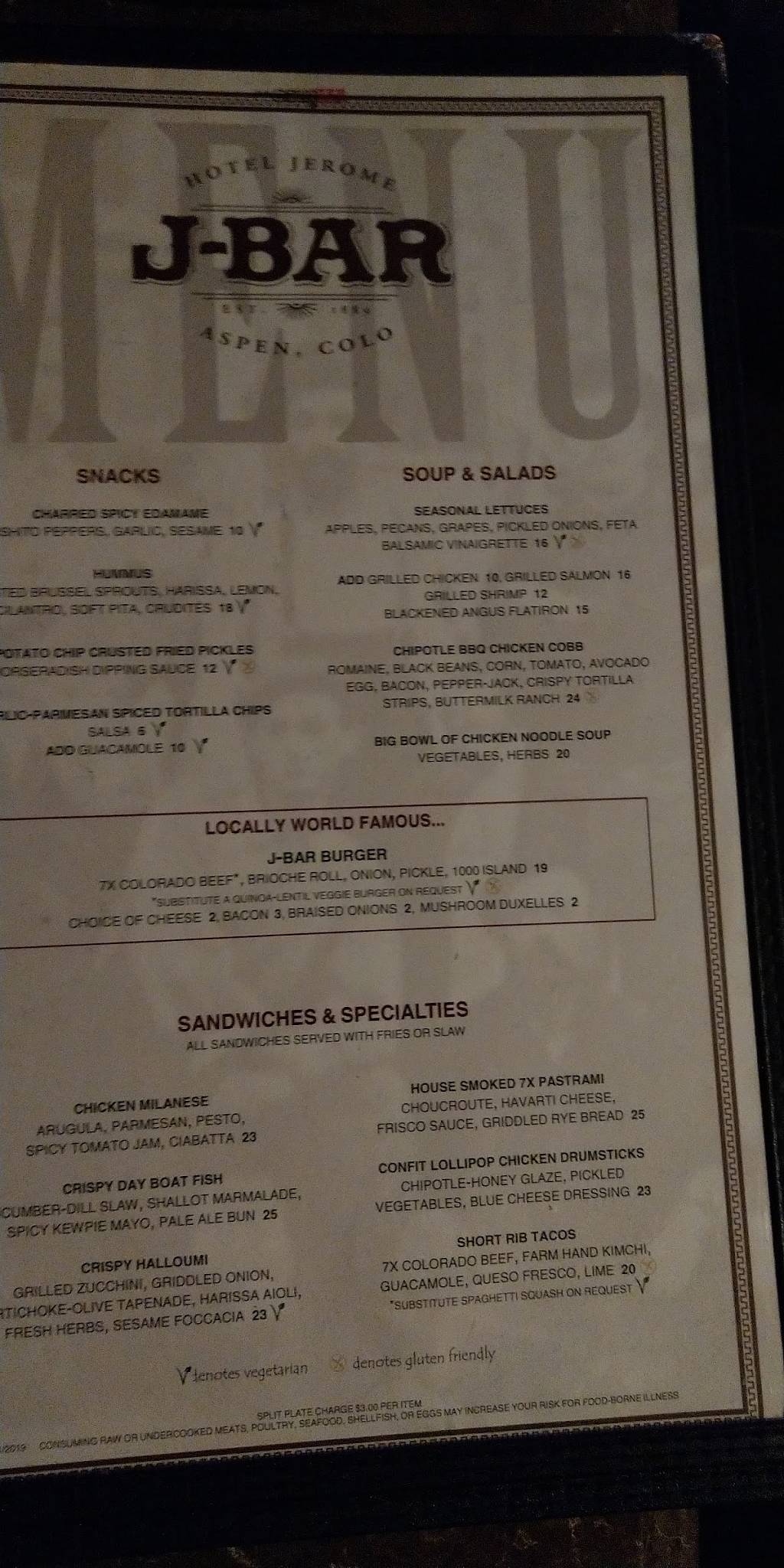 Menu at J-Bar, Aspen