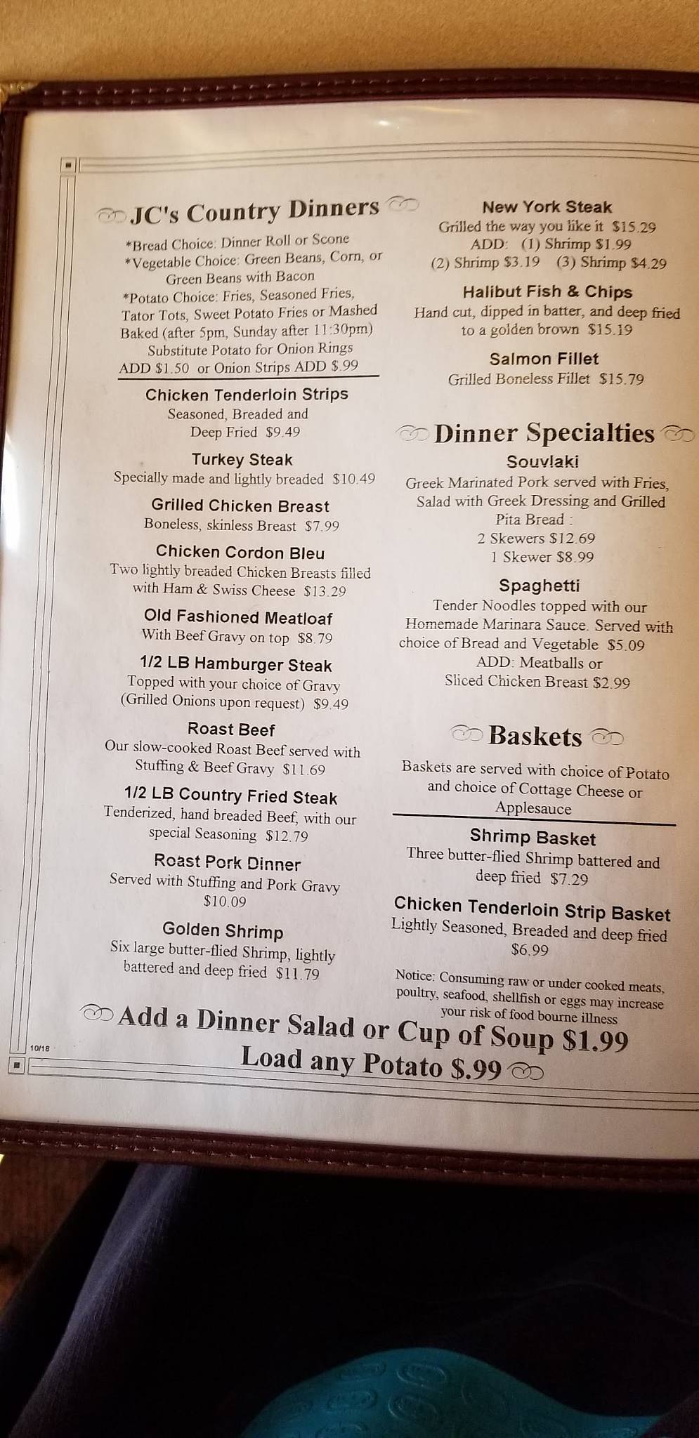 Menu at J C's Country Diner restaurant, Tremonton