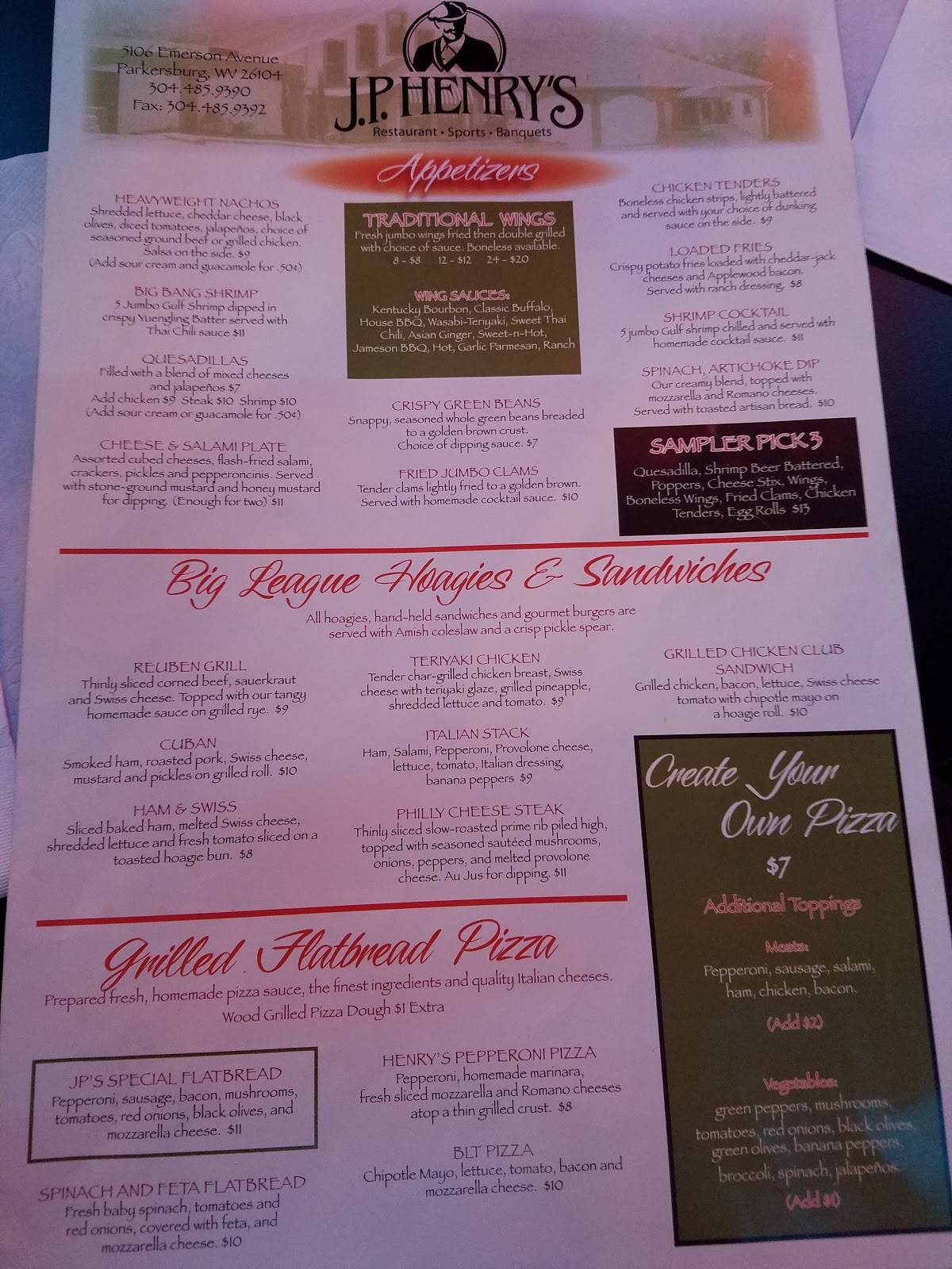 Menu at J.P. Henry's Restaurant, Parkersburg
