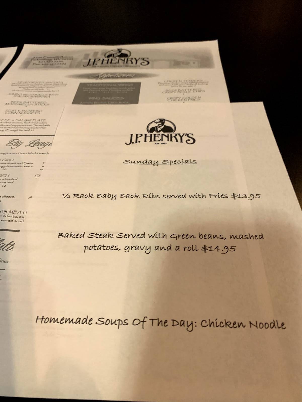 Menu at J.P. Henry's Restaurant, Parkersburg