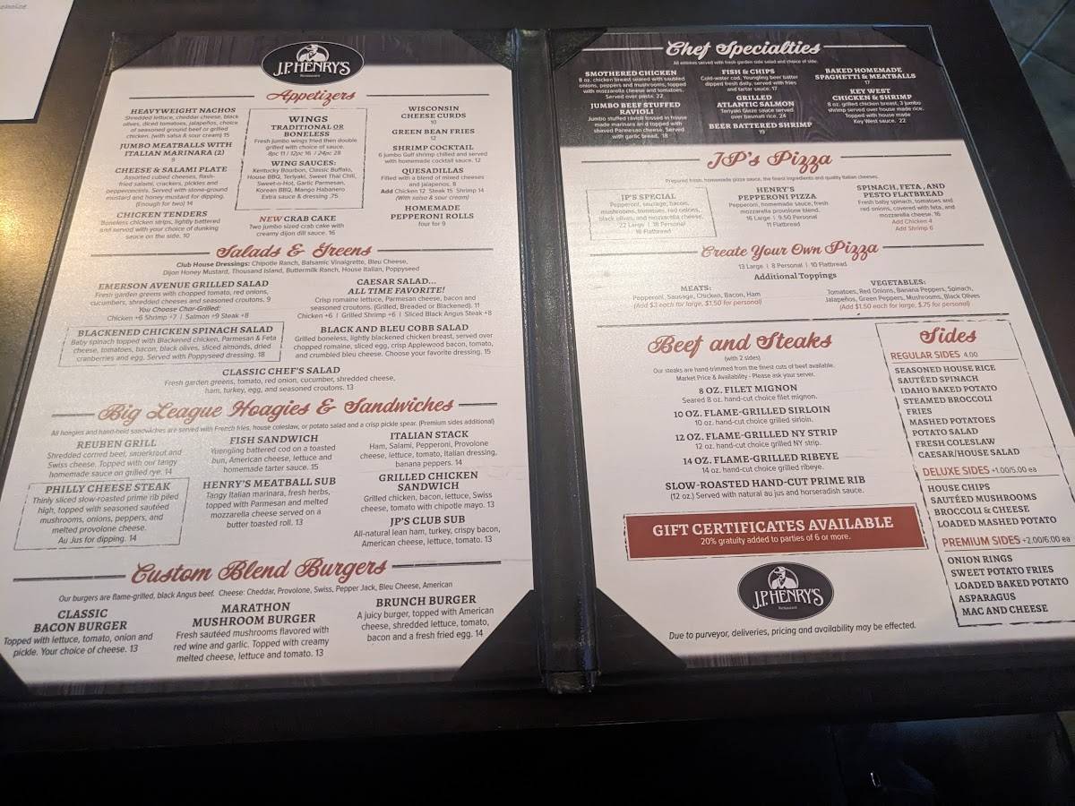 Menu at J.P. Henry's Restaurant, Parkersburg