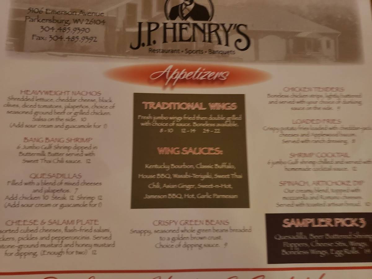 Menu at J.P. Henry's Restaurant, Parkersburg