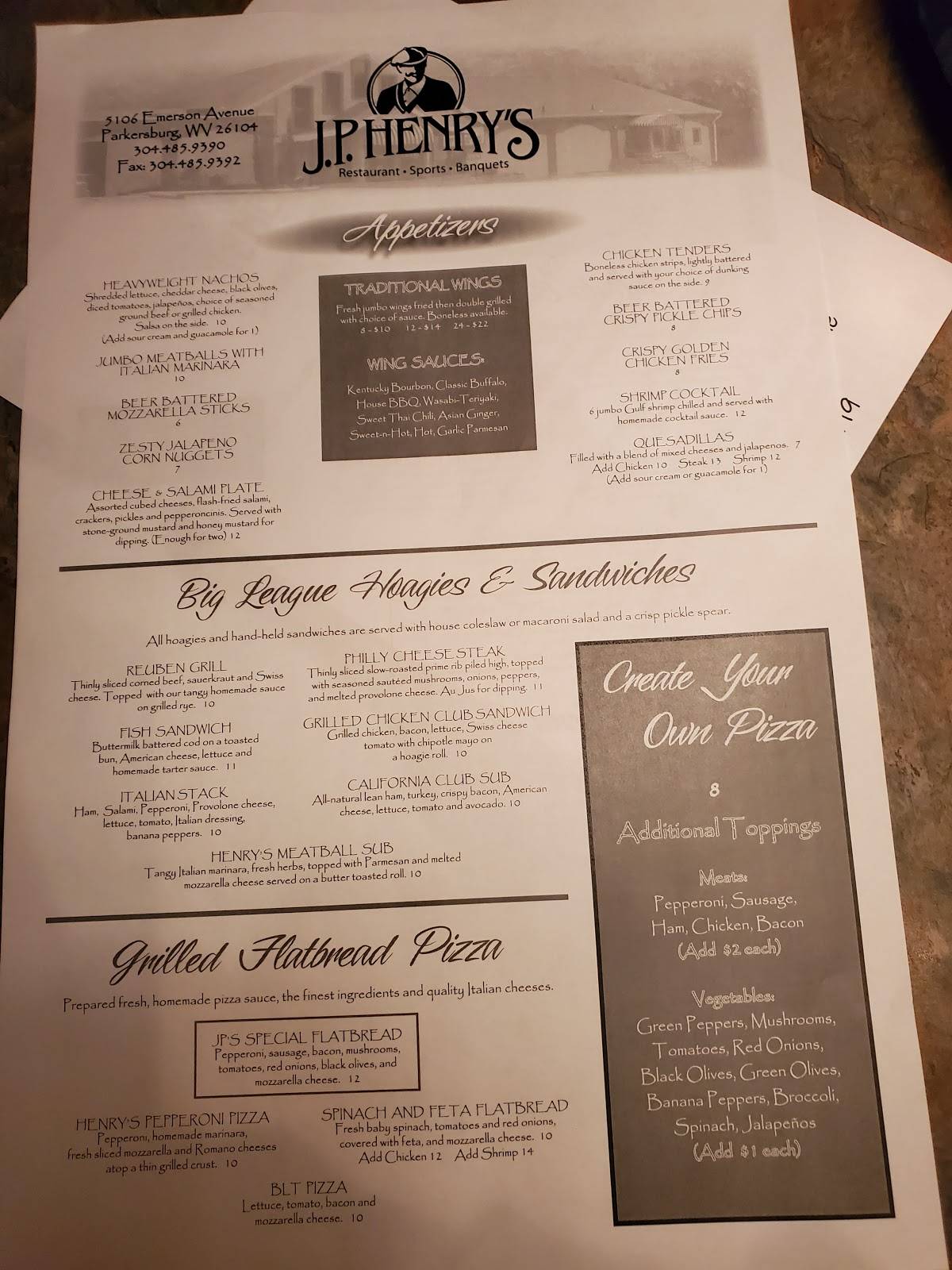 Menu at J.P. Henry's Restaurant, Parkersburg