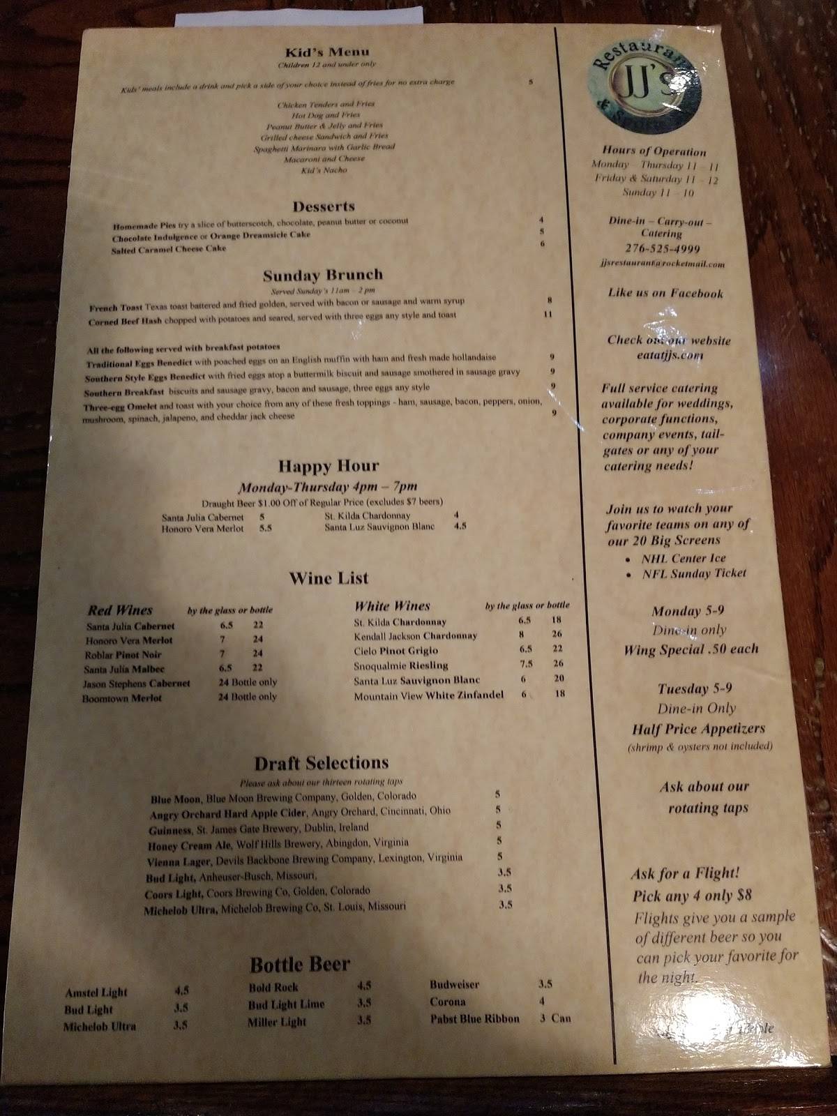 Menu at JJ's Restaurant & Sports Bar, Abingdon