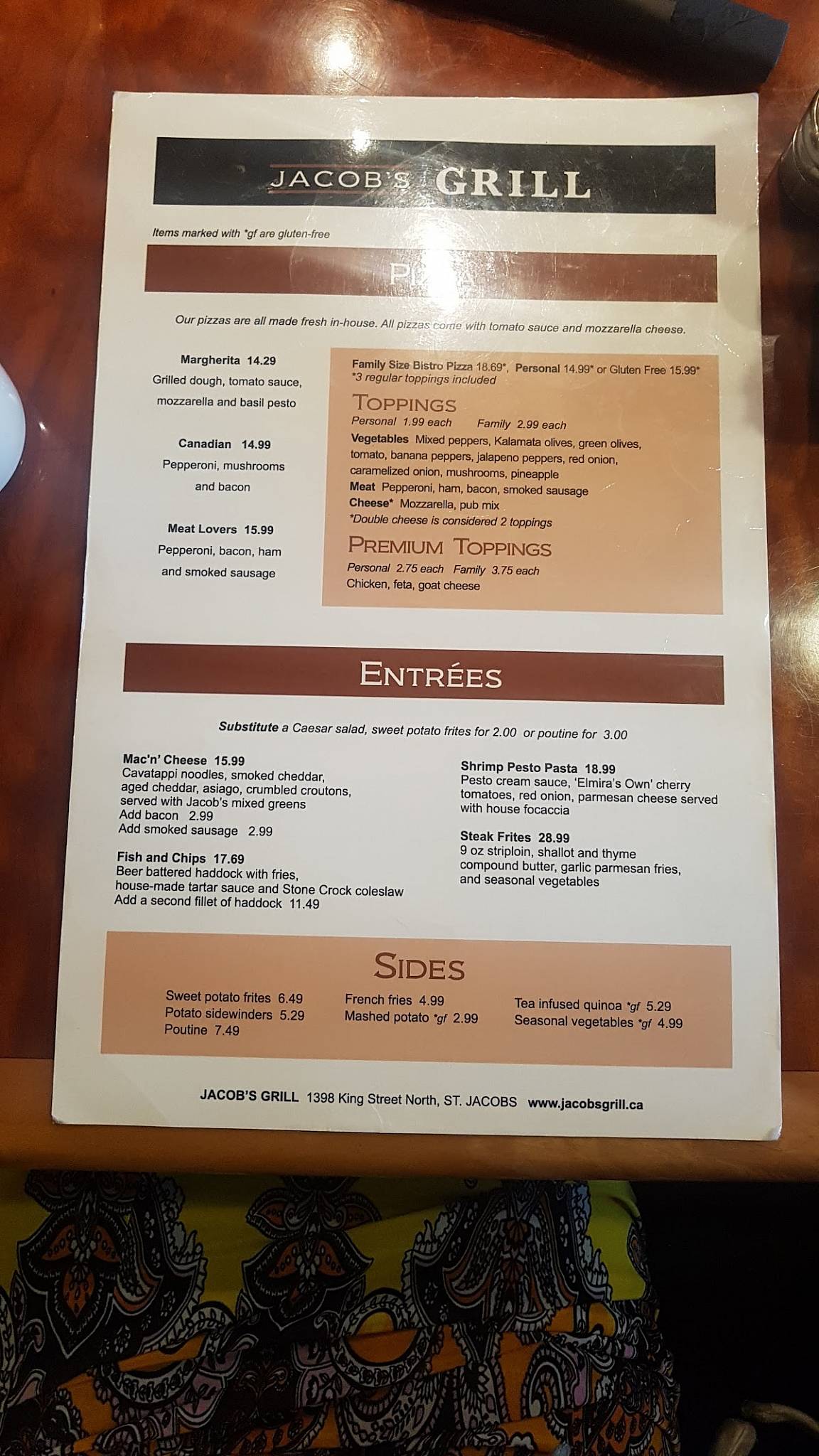 Menu at Jacob's Grill restaurant, Saint Jacobs