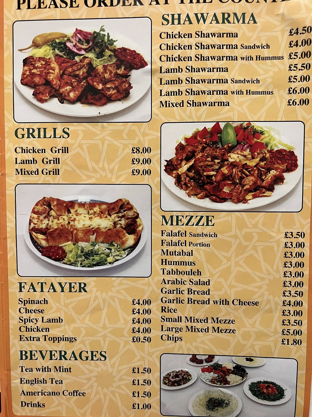 Menu at Jaffa Restaurant, Manchester