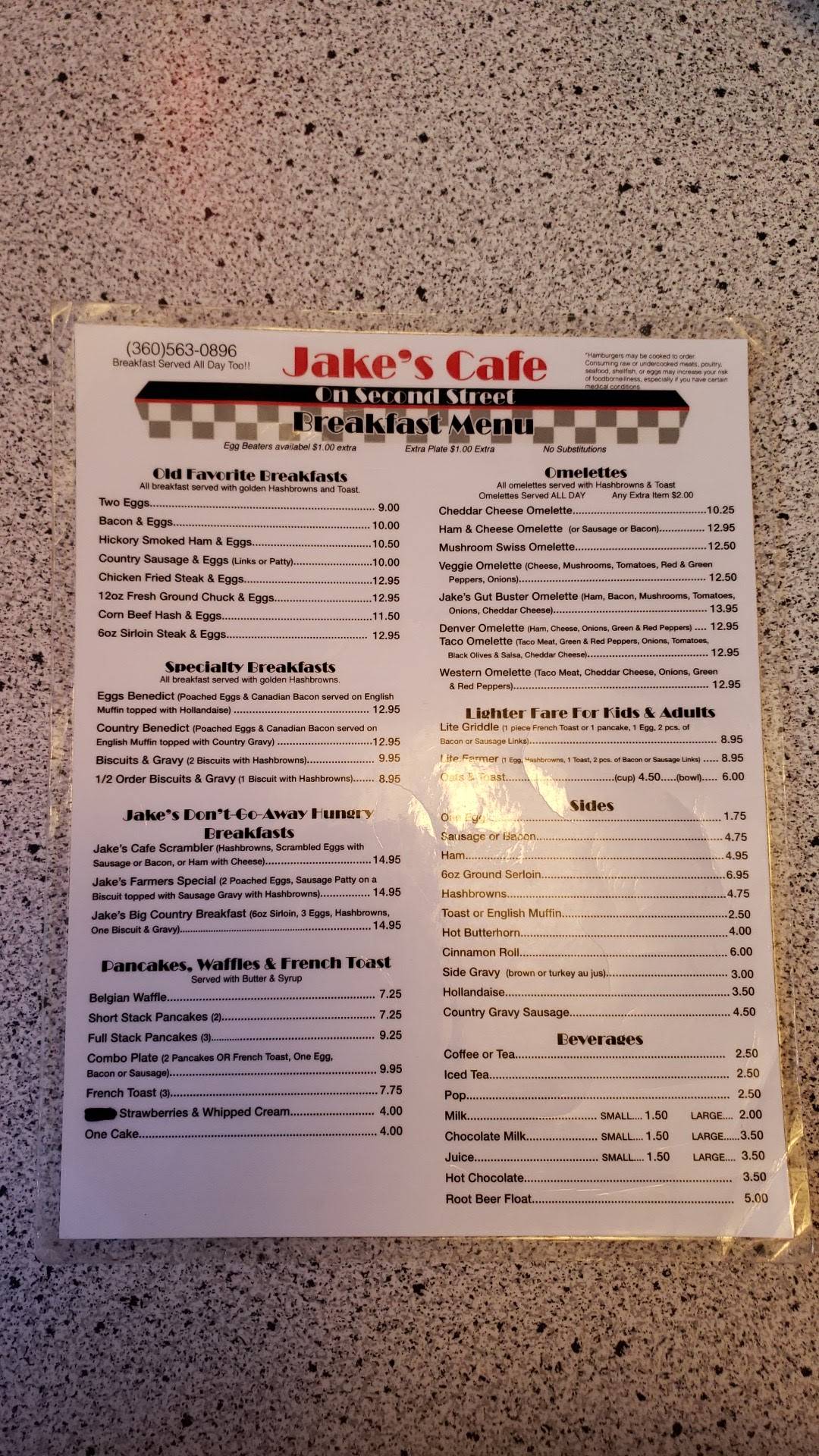Menu at Jake's Cafe on 2nd Street, Snohomish