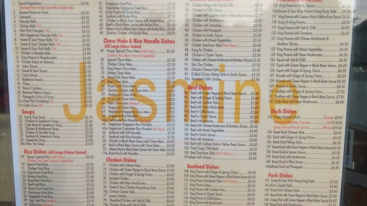 Menu at Jasmine fast food, Loughton, 8 Valley Hill