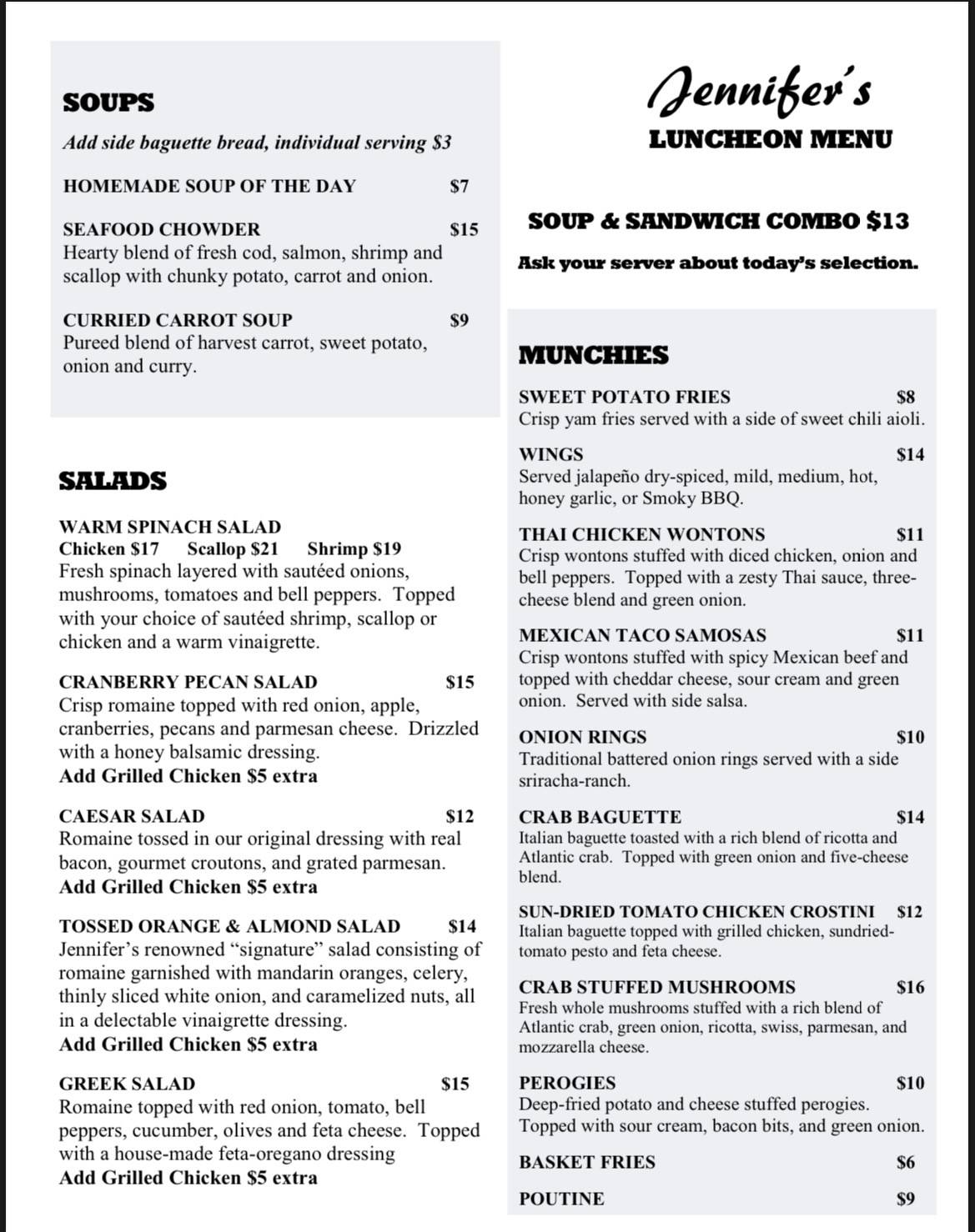 Menu at Jennifer's restaurant, Corner Brook