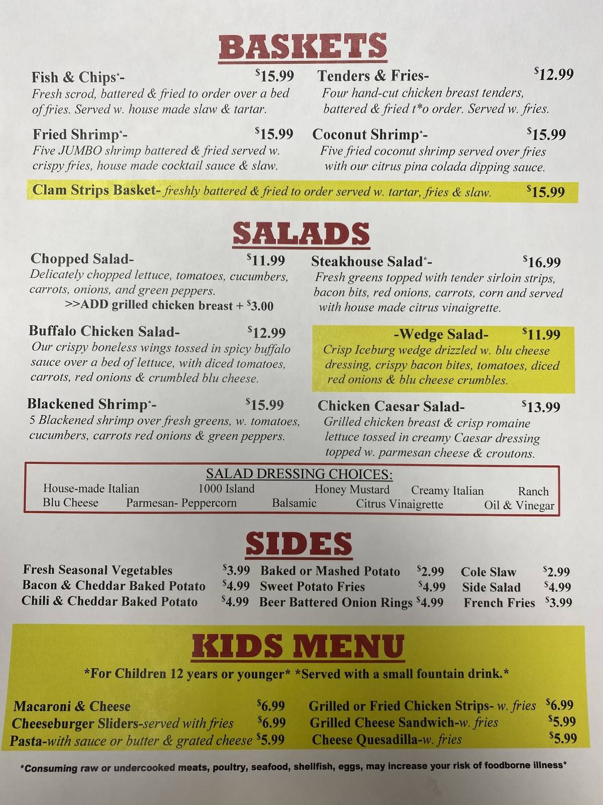 Menu at Johnny B's Roadside Saloon pub & bar, Wolcott