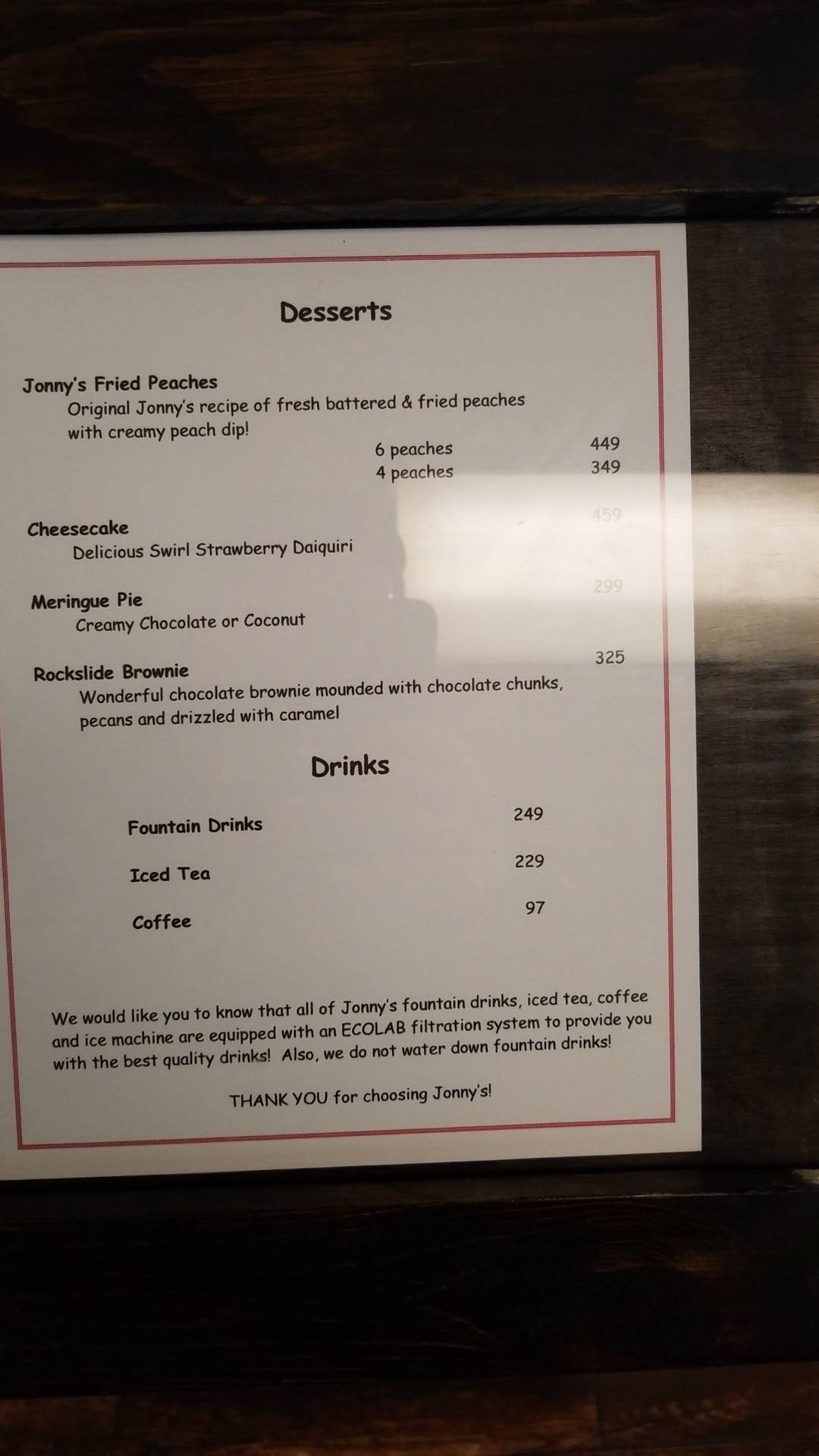 Menu at Jonny's At Oak Tree restaurant, Duncan