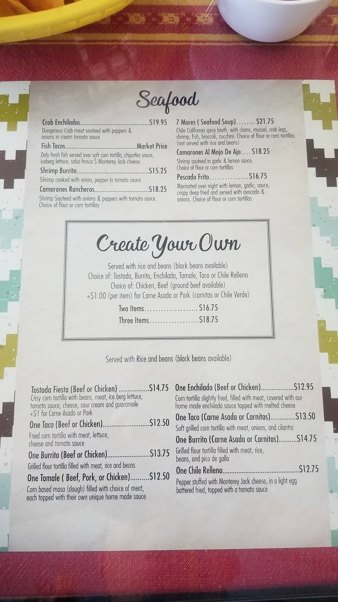 Menu at Jose's Mexican Food restaurant, Seaside