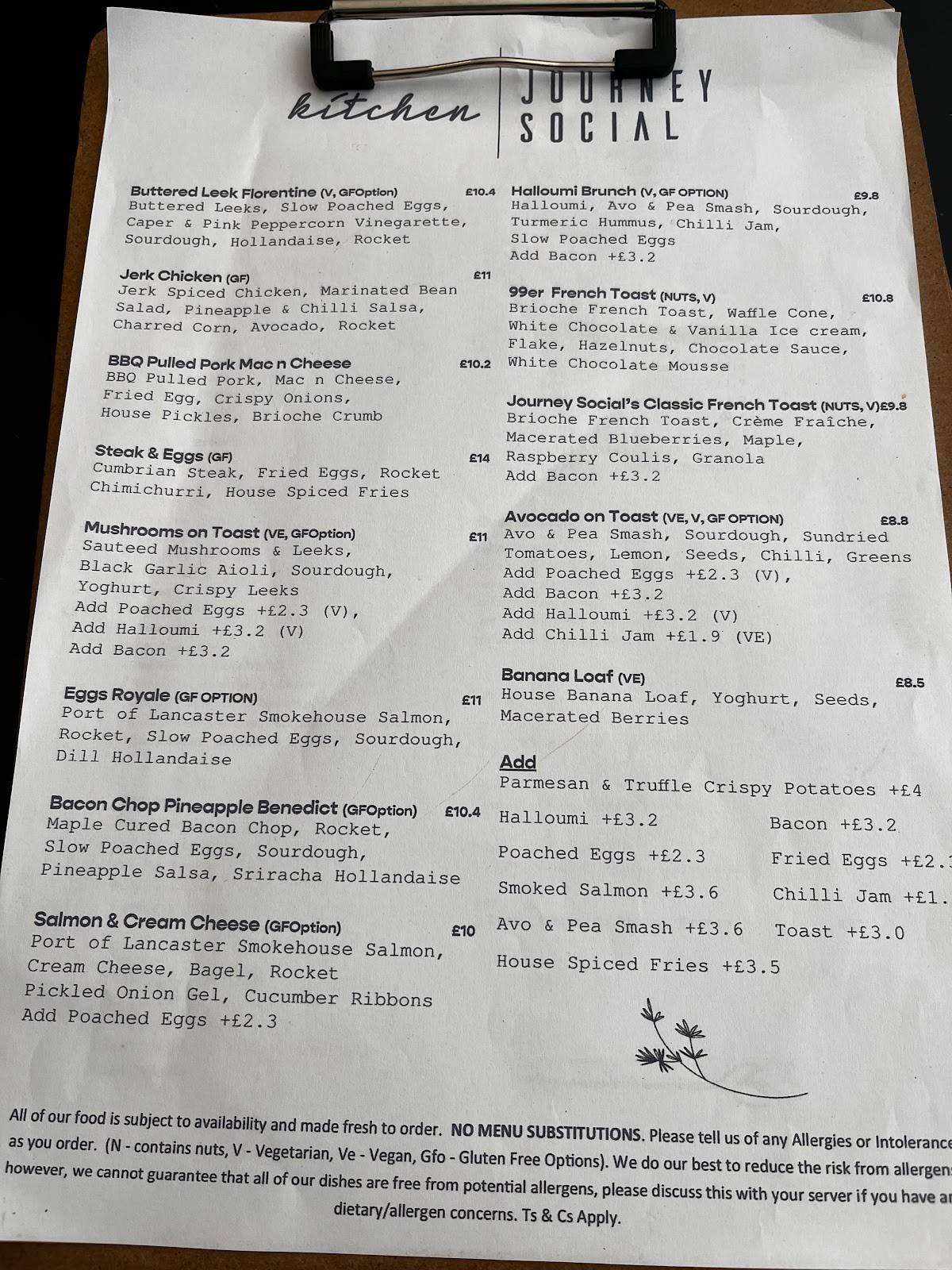 Menu at Journey Social restaurant, Lancaster
