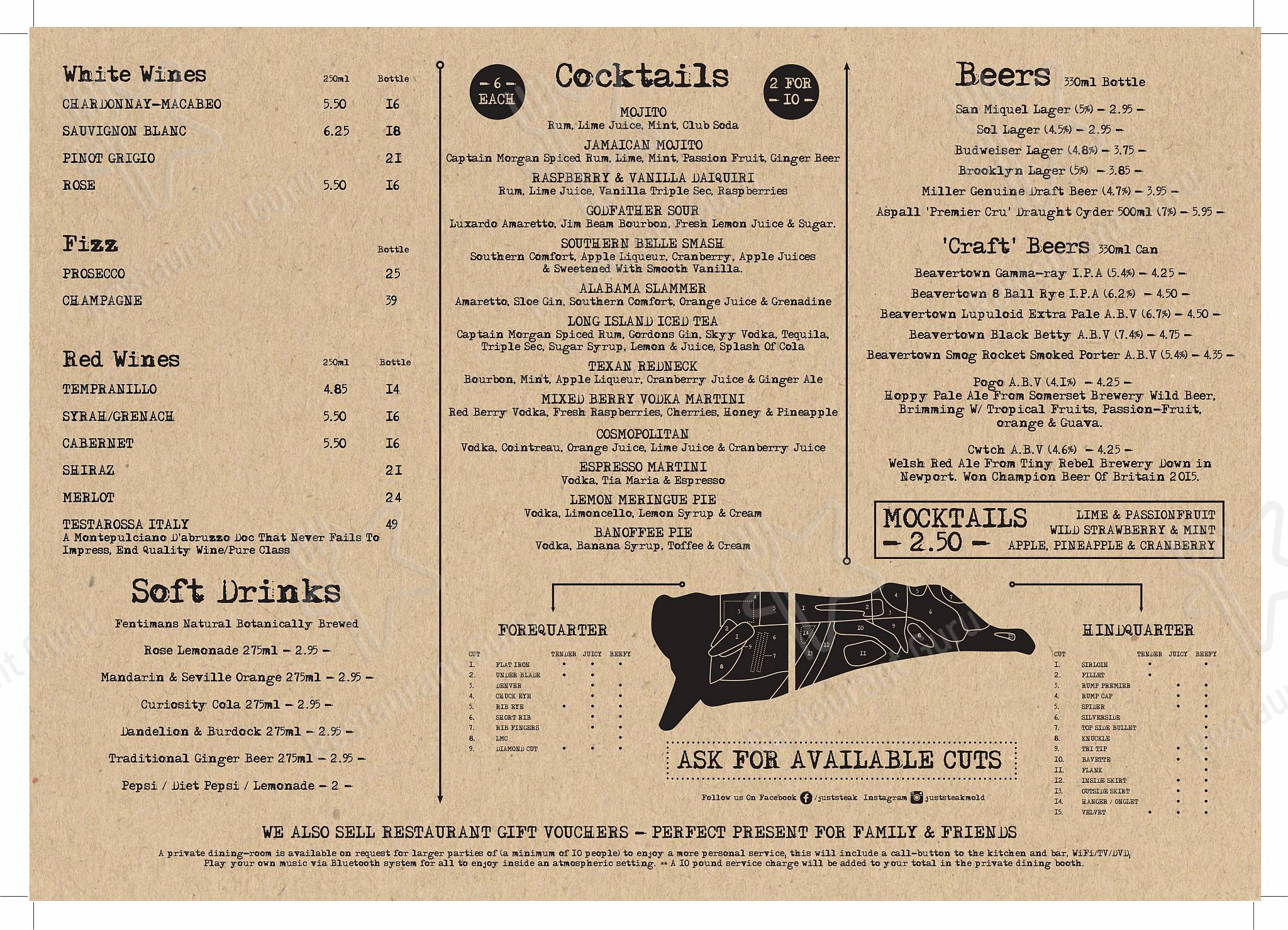 Menu at Just Steak steakhouse, Mold