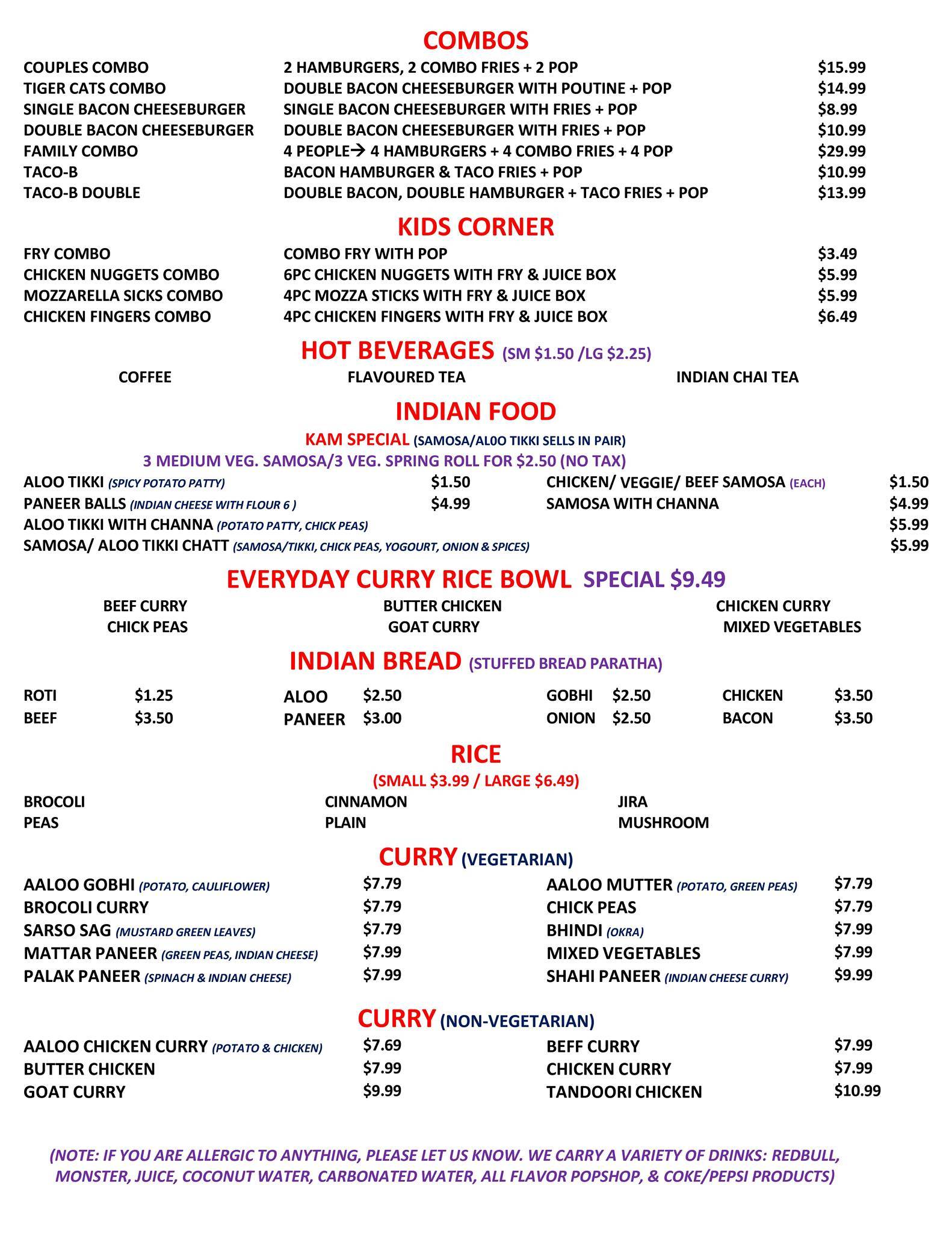Menu at KAM RESTAURANT, Hamilton