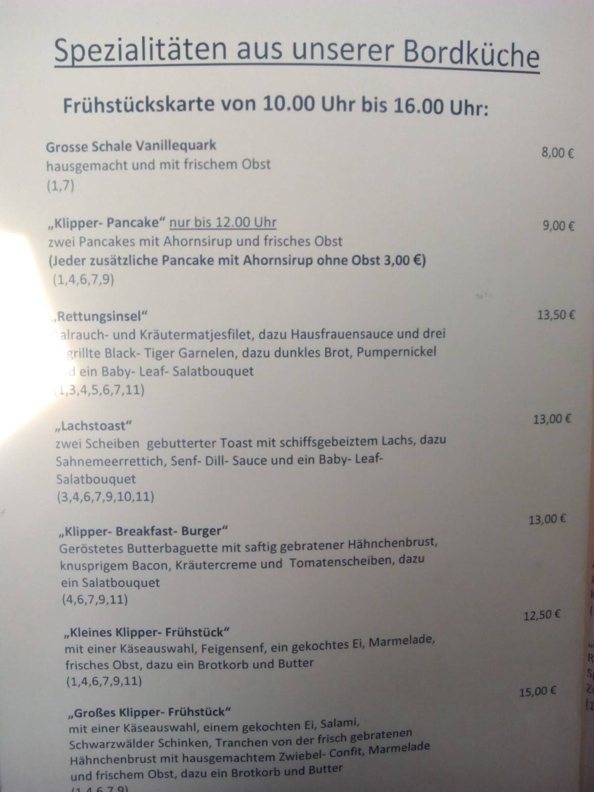 Menu at Klipper Segelschiffrestaurant, Berlin