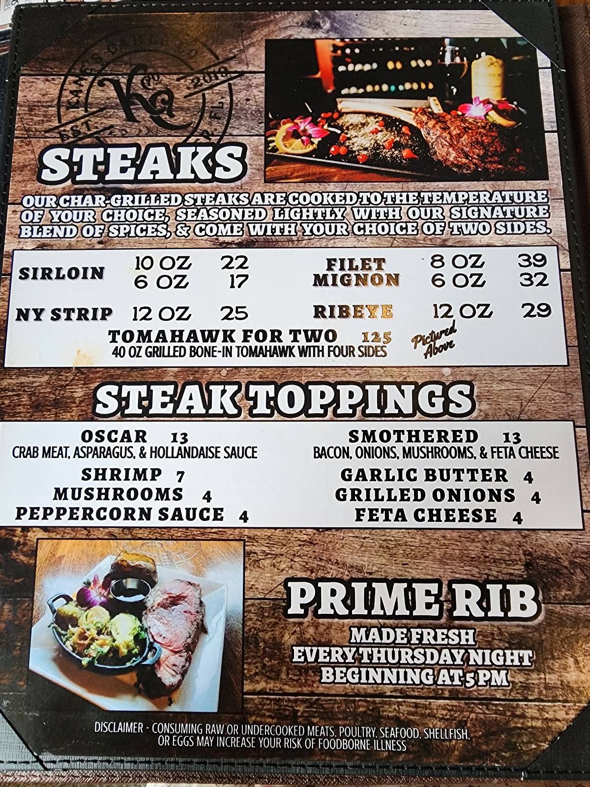 Menu at Kane's Cattle Co. steakhouse, Crystal River