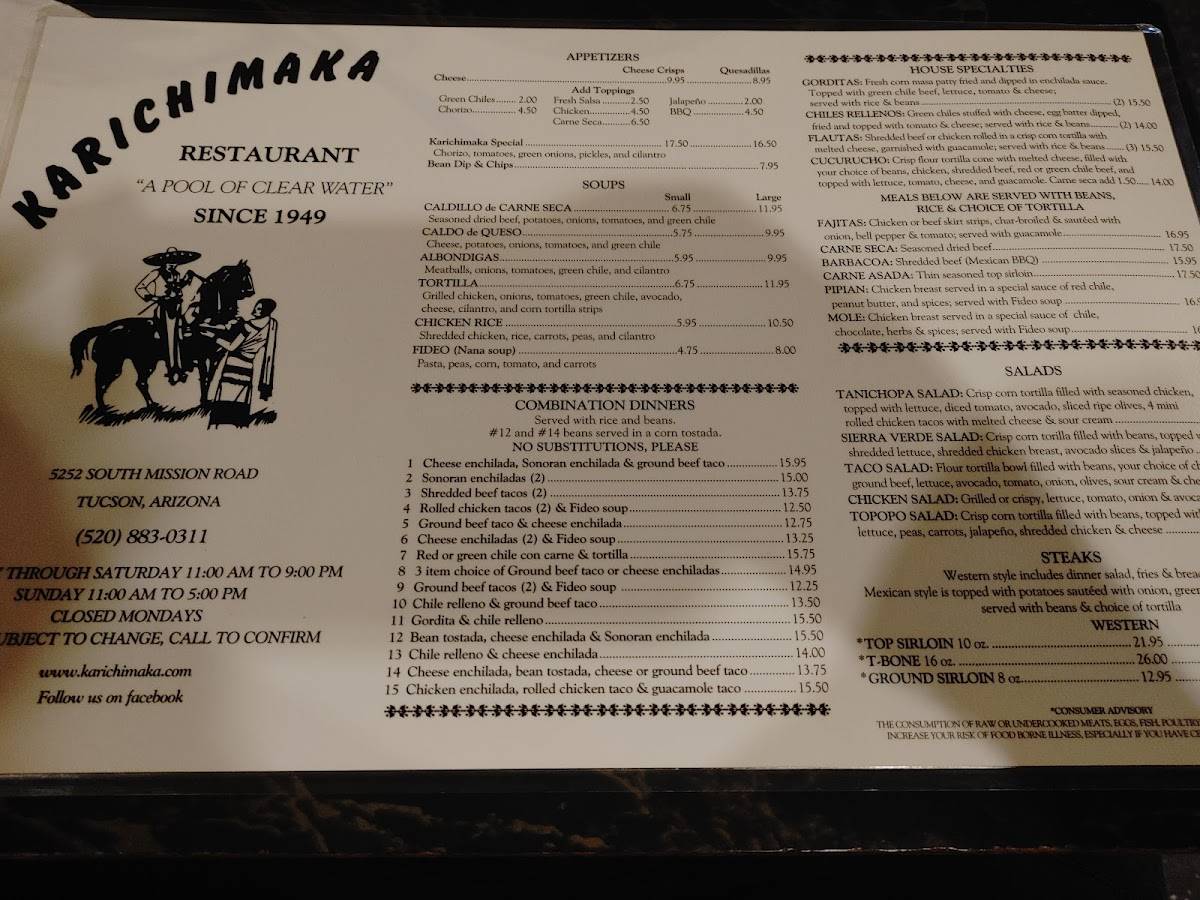 Menu at Karichimaka Restaurant, Tucson