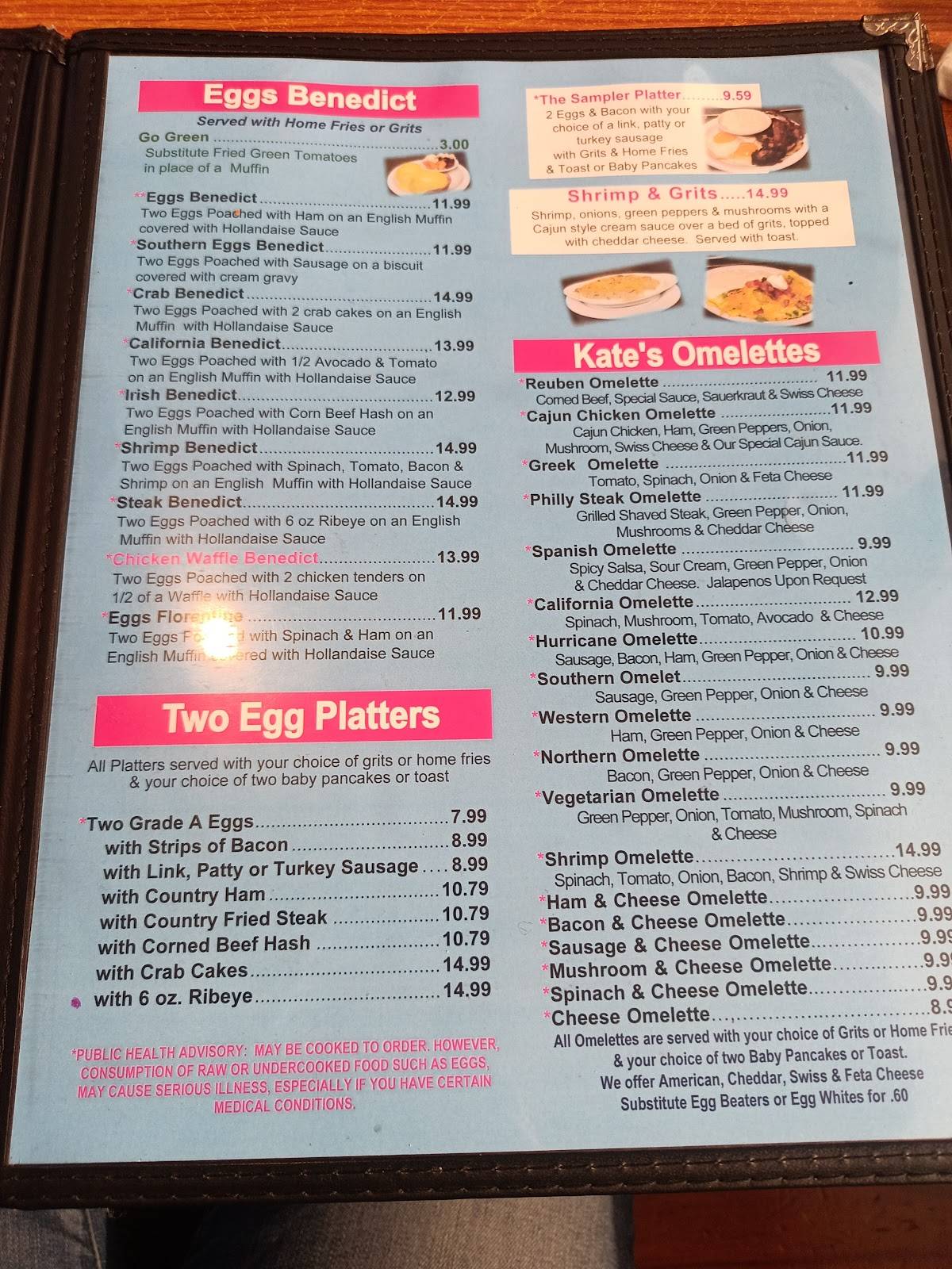 Menu at Kate's Pancake House restaurant, Carolina Beach
