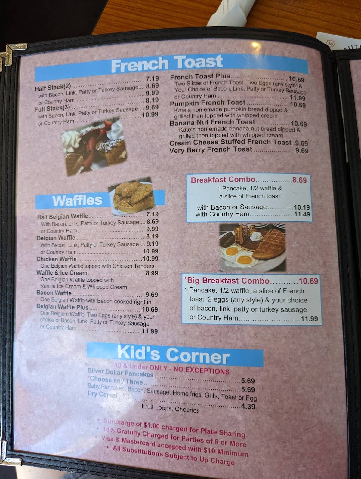 Menu at Kate's Pancake House restaurant, Carolina Beach