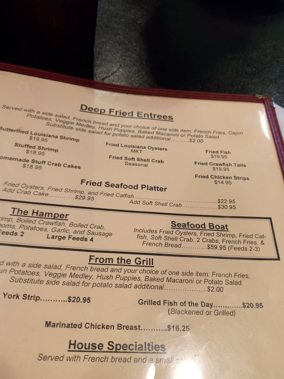 Menu at Smitty's Seafood restaurant, Kenner, W Esplanade Ave