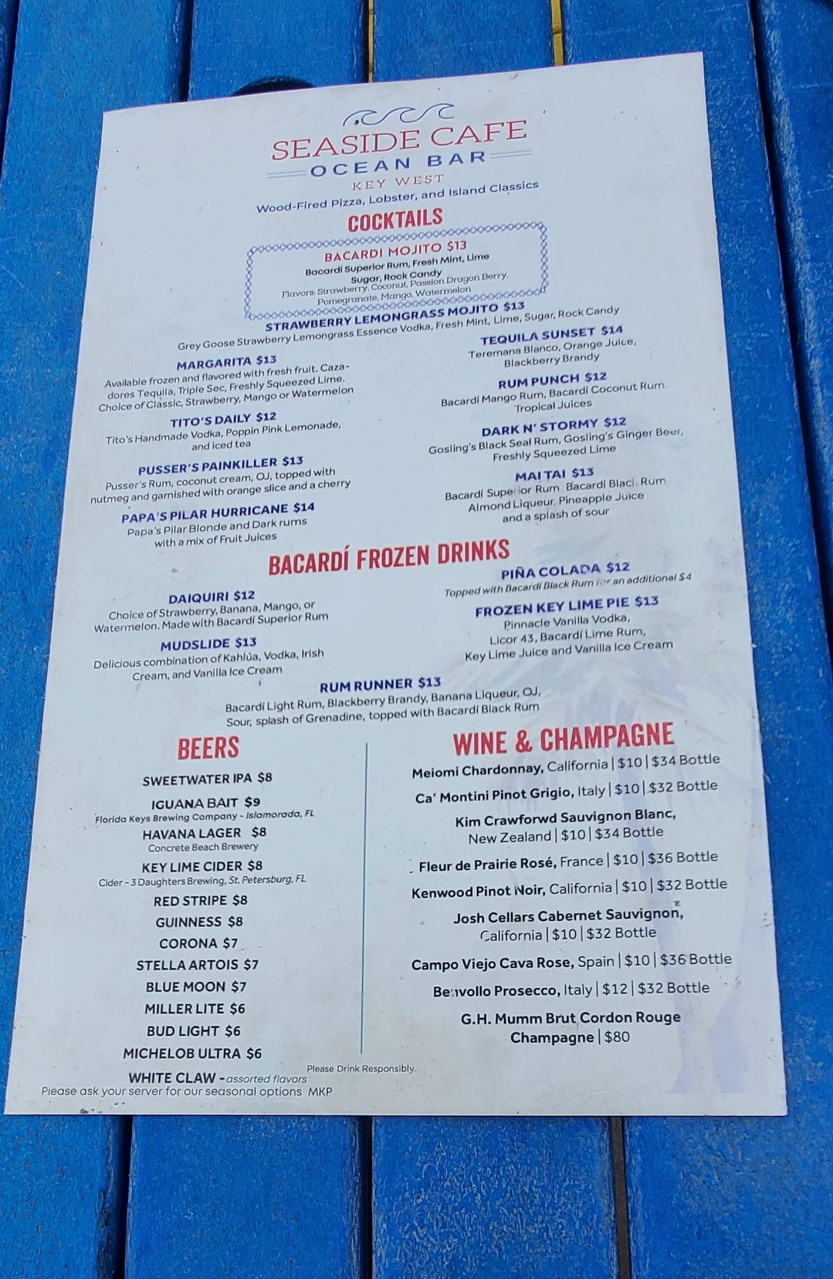 Menu at Seaside Cafe at the Mansion, Key West