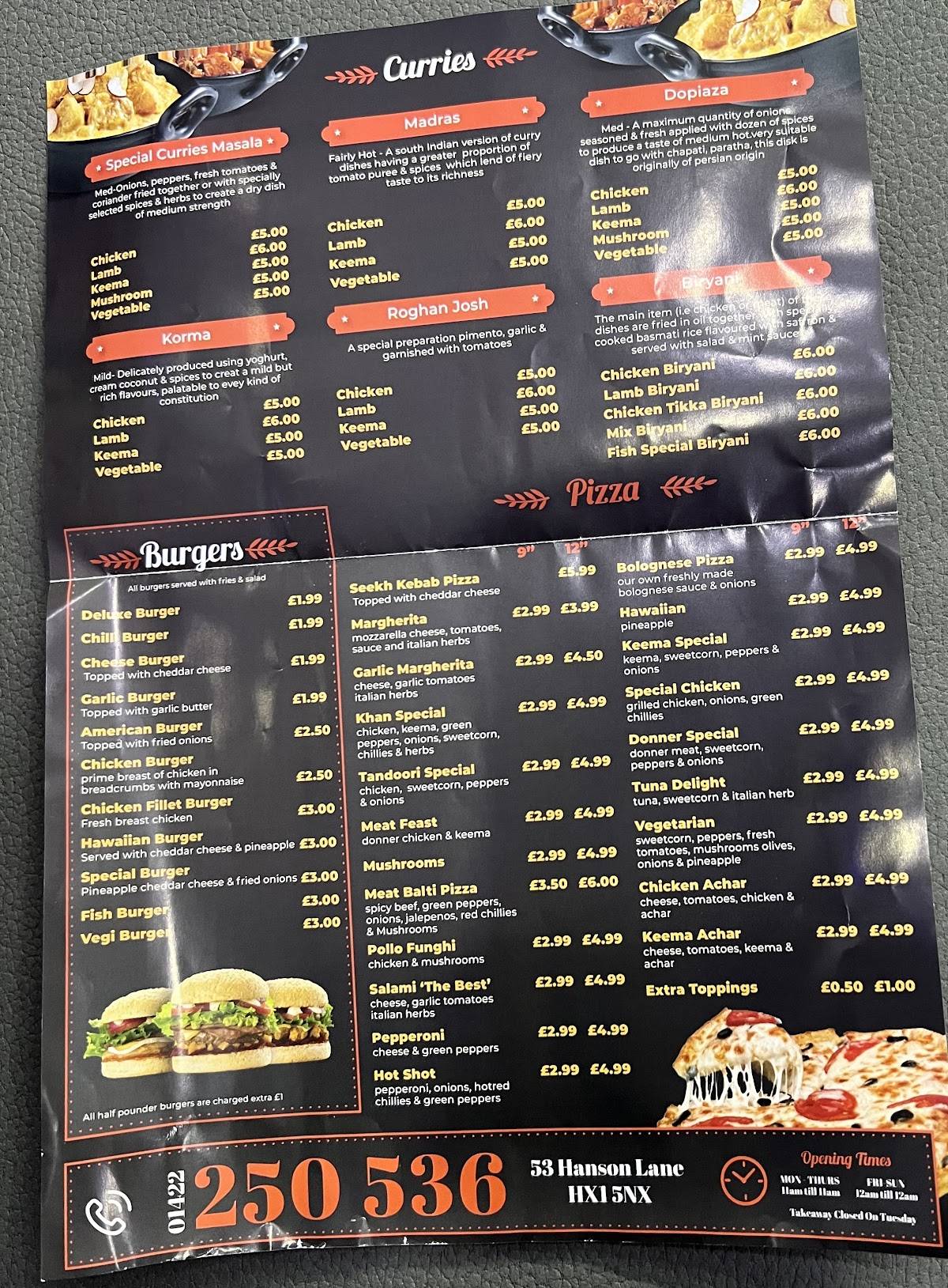 Menu at Khan’s Takeaway restaurant, Halifax