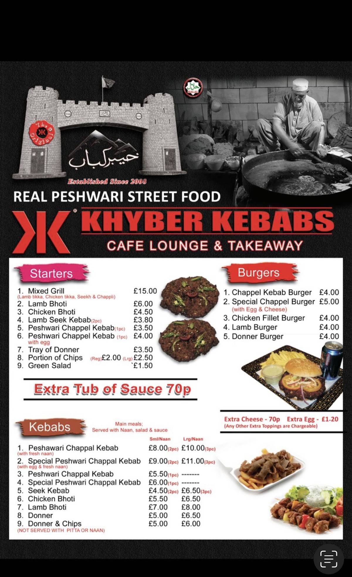 Menu at Khyber Kebabs restaurant, Oldham