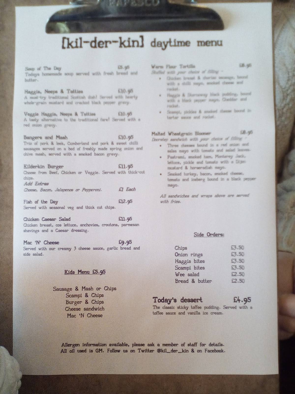 Menu at Kilderkin pub & bar, Edinburgh