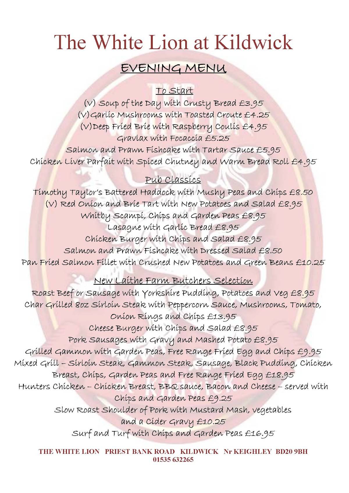 Menu at The White Lion pub & bar, Kildwick, Priest Bank Road