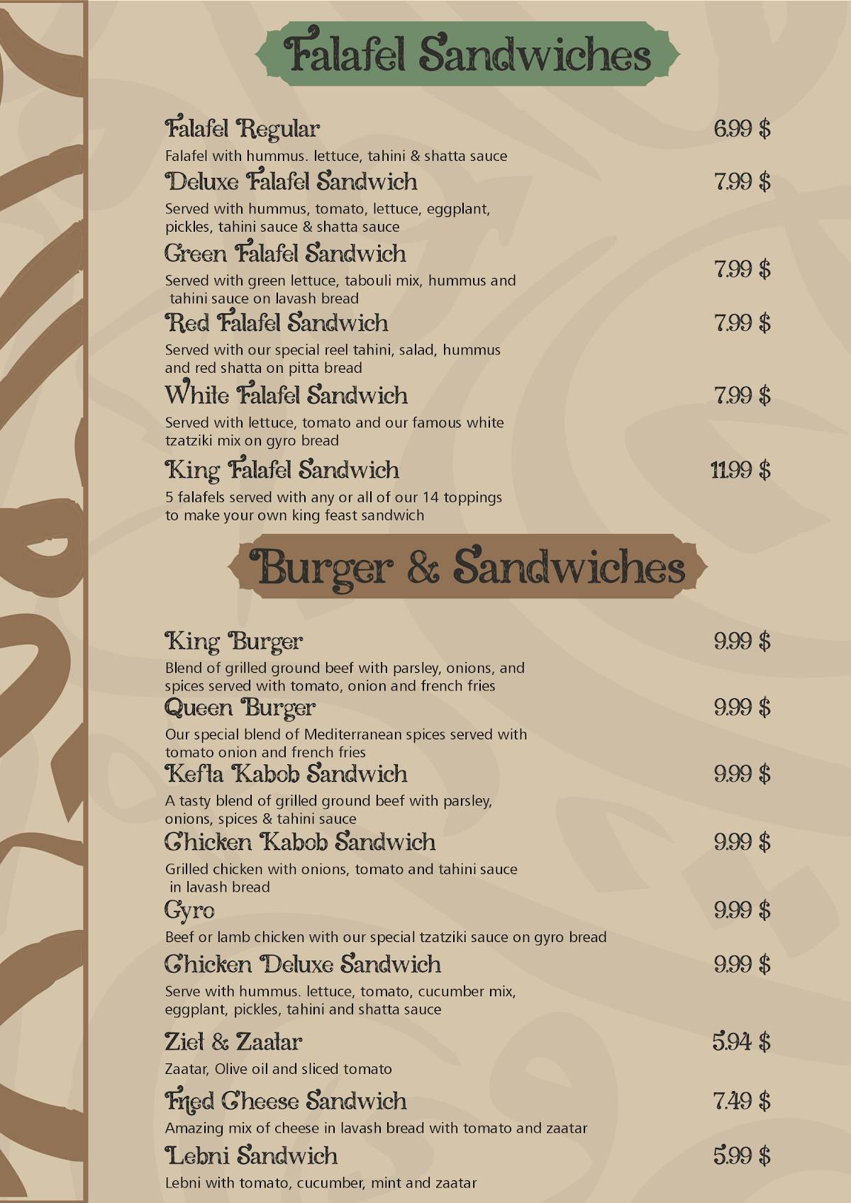 Menu at King Falafel restaurant, Sebastopol