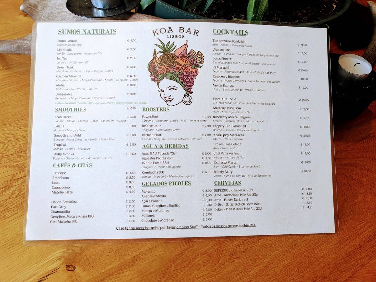 Carta del café KOA LISBOA - Juices&Cocktails, Lisboa