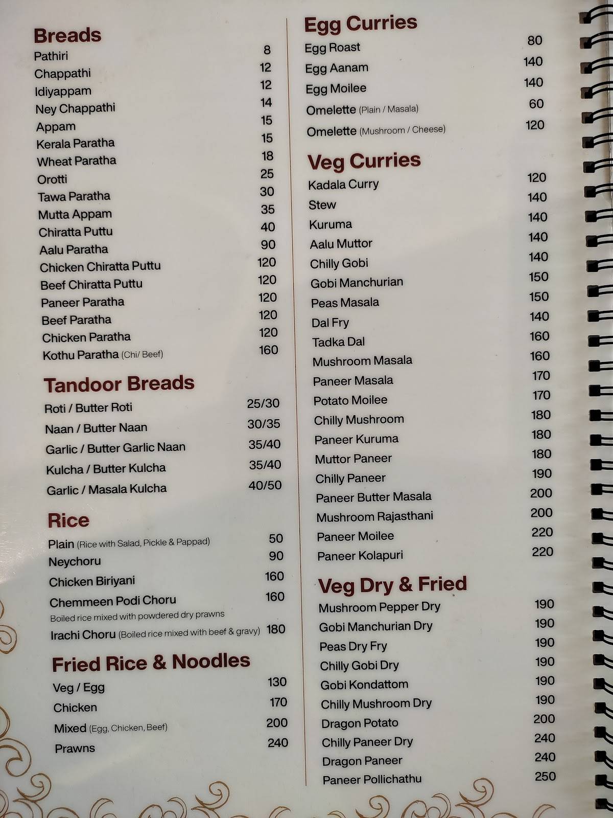 Menu at Palaaram Kakkanad, Kochi, Seethys Tower