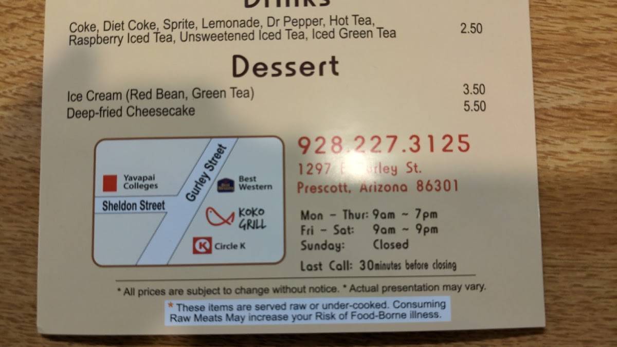 Menu at Koko Grill restaurant, Prescott